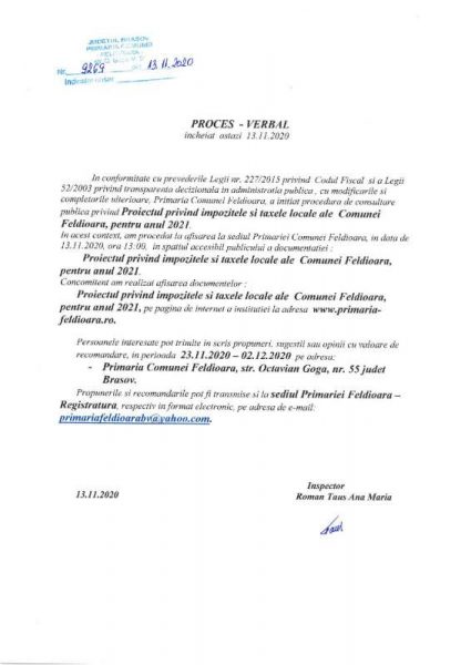 Proces verbal de afisare Proiect de hotarare Impozite si taxe locale ...